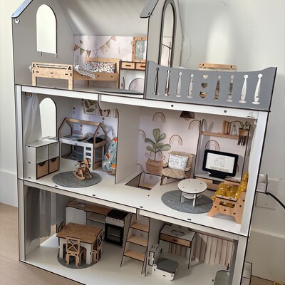 Gray Large Dollhouse With Terrace and Balcony Modern Doll House for ...