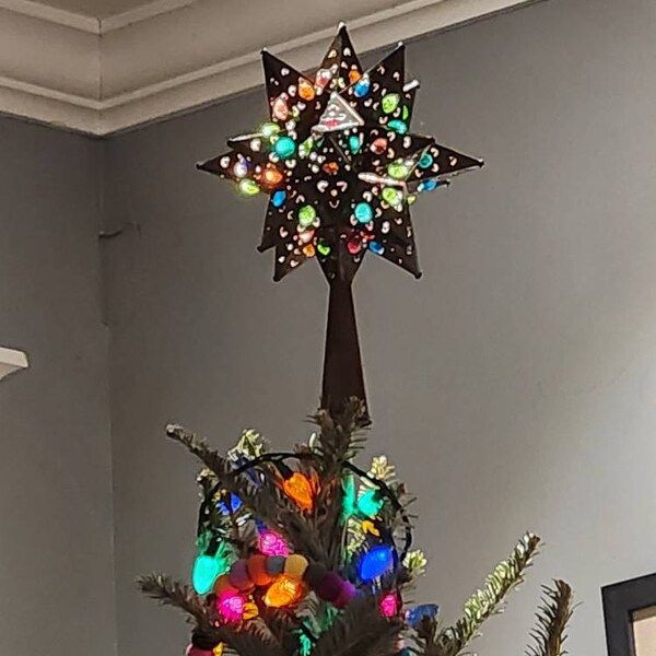 Tin Punched Handmade Star Tree Topper Handmade Brown With Clear Marbles ...