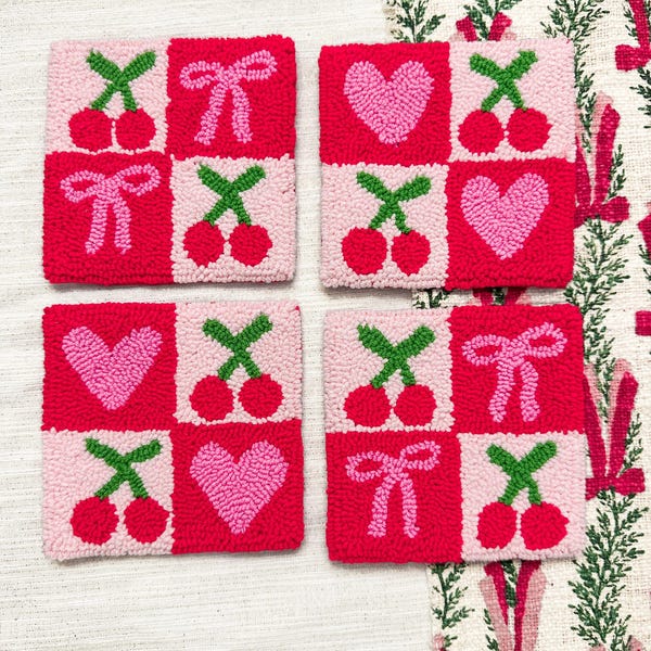 Pink Bow Coaster, Cherry Punch Needle Coaster,cherry and Bowl Mug Rugs ...