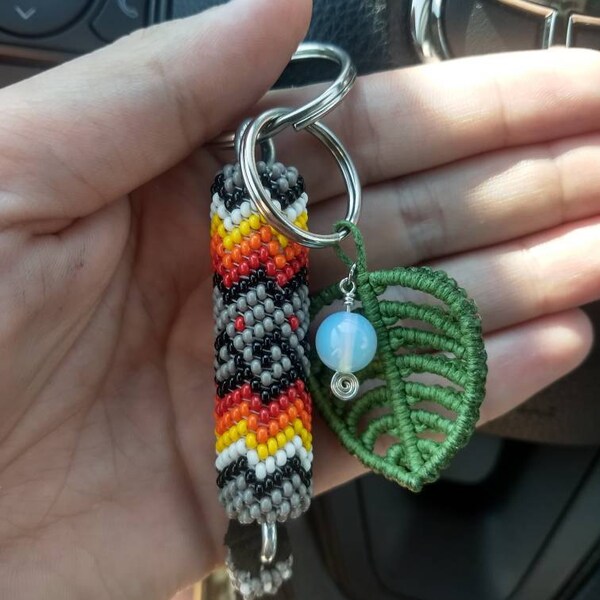Handmade Macrame Leaf Keychain With Opalite Charm Keychain Purse Decor ...