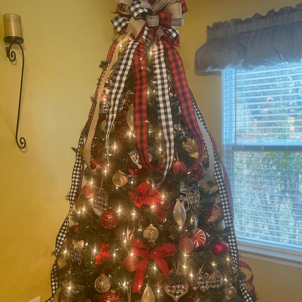 Rustic Christmas Tree Bow, 6ft Long Tails, Farmhouse Bow, Plaid Tree ...