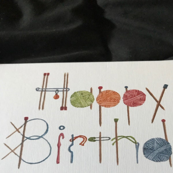 Knitting Birthday Greeting Card, Unique hand painted watercolor printed ...