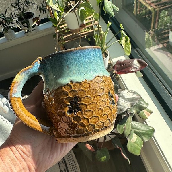 Handmade Bee Pottery Mug: Honeycomb Design, Sea Foam Blue Rim - Etsy