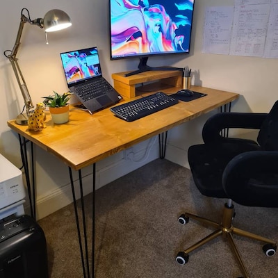 RUSTIC COMPUTER DESK Recycled Scaffold Boards Black Steel Hairpin Legs ...