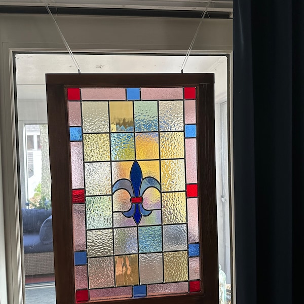 Leaded Stained Glass Panel Transom in Rustic Window Frame With Diaper ...