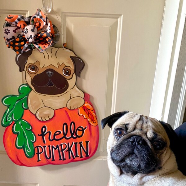 Pug Door Hanger, Happy Fall Dog With Pumpkin Hanger, Pumpkin With Pug ...