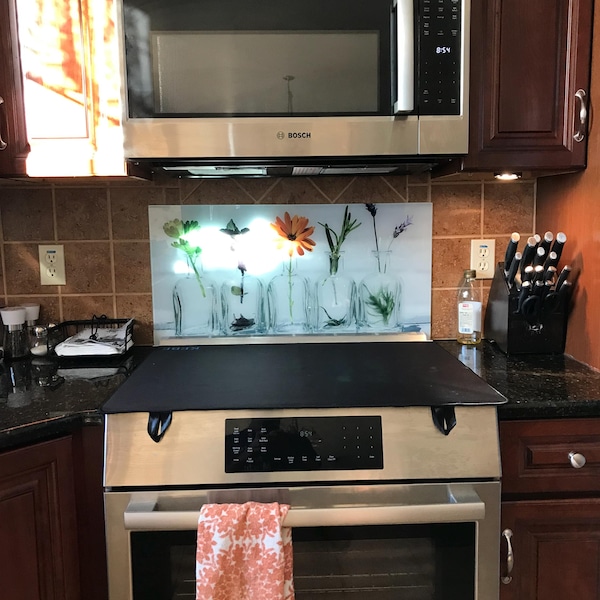 Kitchen Backsplash, Stove Back Cover, Tempered Glass Wall Art, Stove ...