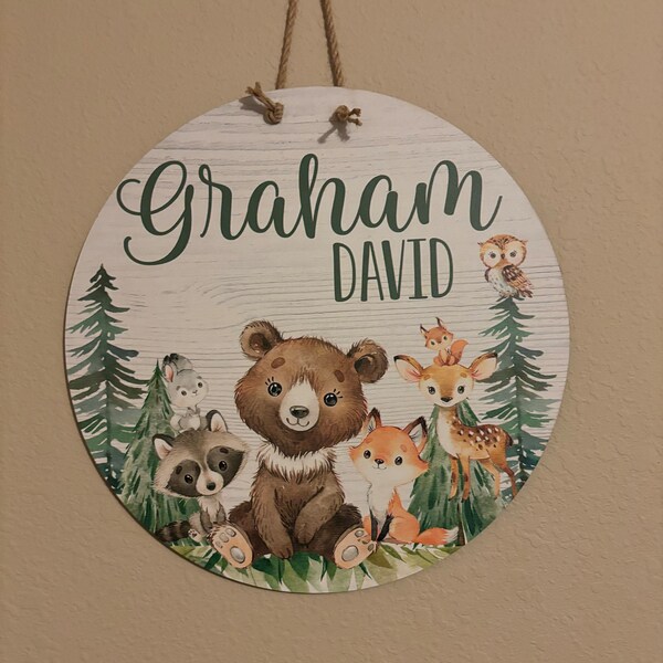 Woodland Animal Name Sign, Woodland Nursery Baby Sign, Round Wood Name ...