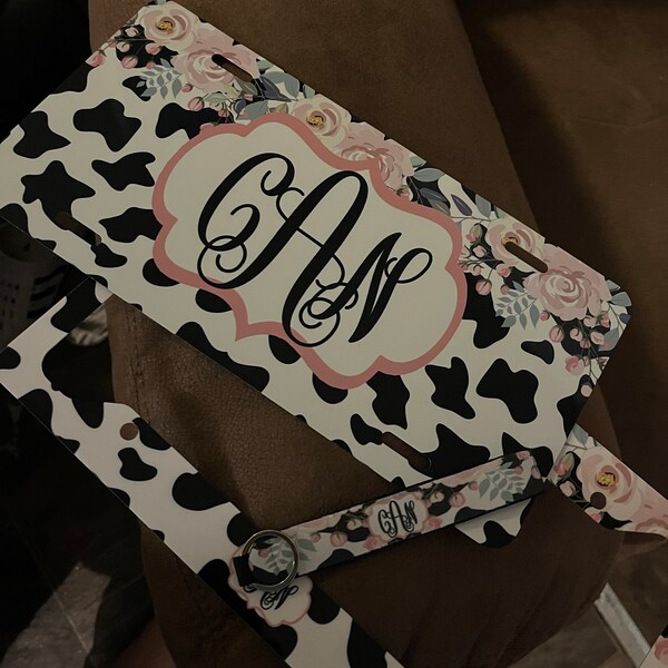 Black Cow Print Pink Floral Personalized License Plate and Accessories ...