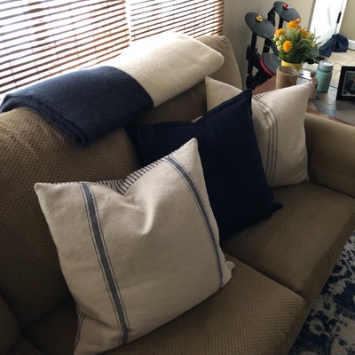 Grain Sack & Ticking Pillow Cover Farmhouse Pillow Cover Blue 3 Stripe ...