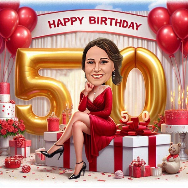 40th Birthday Caricature: 40 Women in Light Red Dresses With Gifts ...