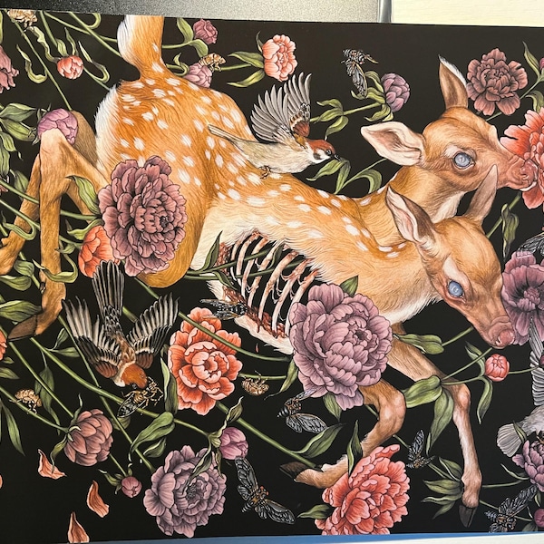 Fawn Deer With Birds and Flowers Gothic Botatnical Art- Giclee Print ...