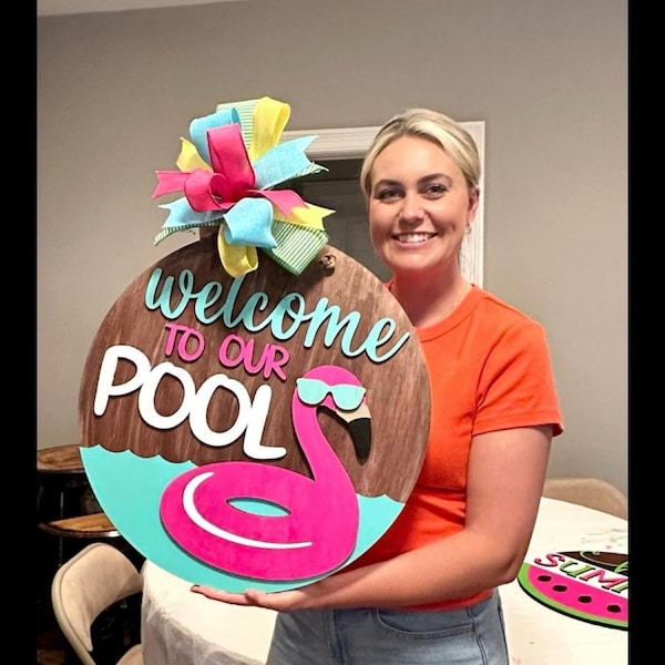 Welcome to Our Pool Flamingo Float, Digital Download, Round Door Hanger ...