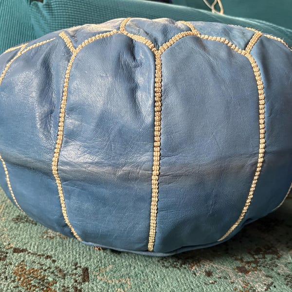 Moroccan POUF **50% OFF** With White Stitching Leather Pouf Ottoman ...