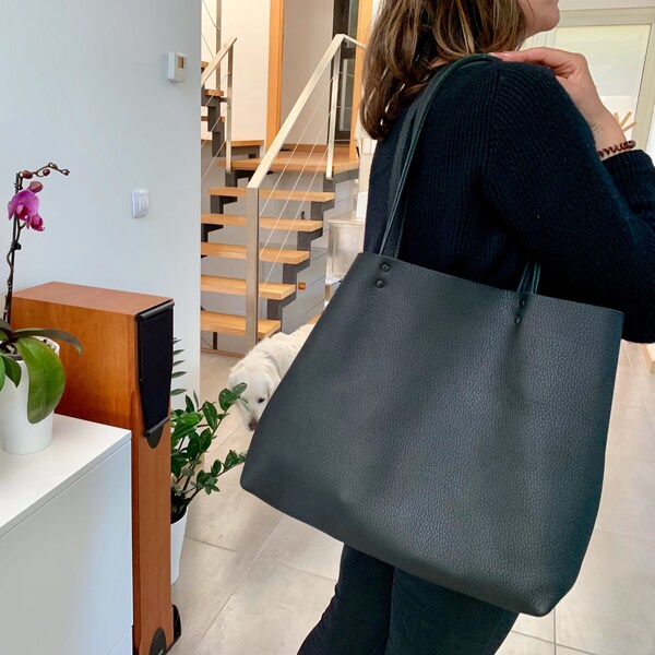 Simple Graphite Black Leather Tote Bag No. LPB-8031 - Etsy