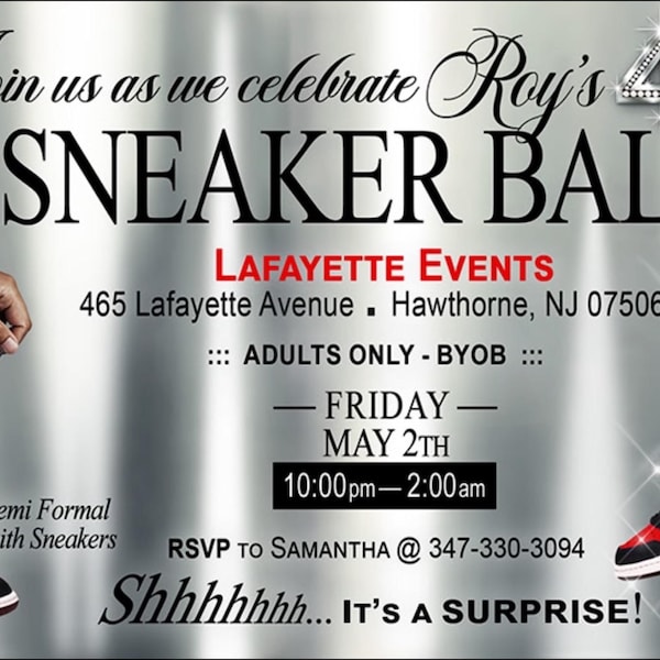 Masquerade Sneaker Ball Purple and Gold Birthday Invitation ...