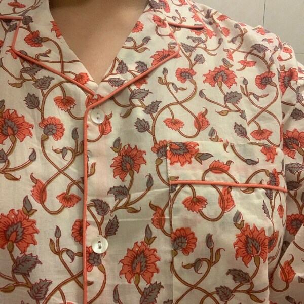 Womens Pure Cotton Block Print Pyjamas Dark Pink Floral Pyjama's Indian ...