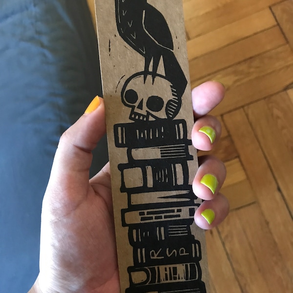 Bookmark // Raven on Skull on Stack of Books // Original Art by Studio ...