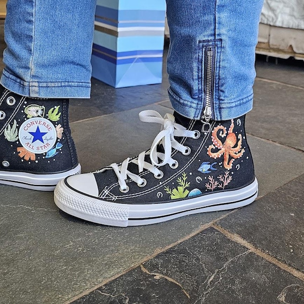 Custom Embroidered Converse Chuck Taylor All Star Shoes, Cat and Flower ...