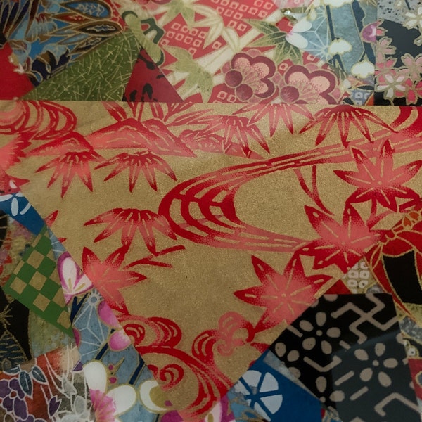 Japanese Yuzen Chiyogami Washi Paper Japanese Fan Print on Red and Gold ...