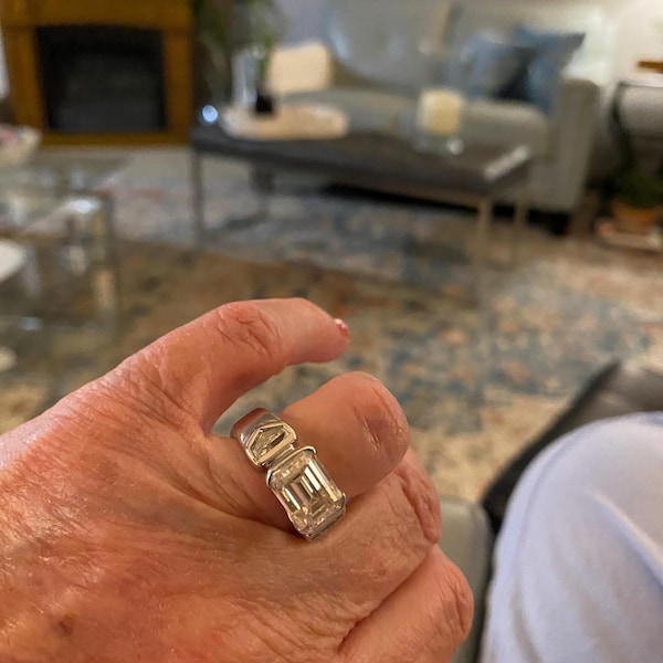 Emerald Cut Moissanite Ring Three Stone Wedding Ring 2.38 Ctw Half Bezel Set East West ...