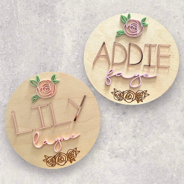 Rose Baby Girl Name Sign Floral Wood Name Sign 3D Name Announcement ...