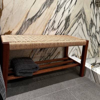 Mid Century Entryway Woven Seat Shoe Bench - Etsy