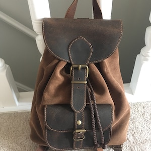 Caramel Small Backpack Suede With Dark Brown Leather Top and Pocket ...