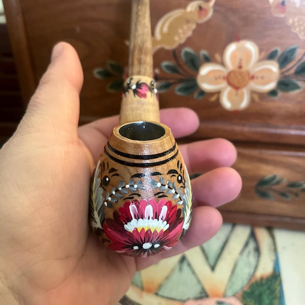 Wooden Pipe for Smoking With Flowers, Painted Tobacco Pipe Wood, Floral ...