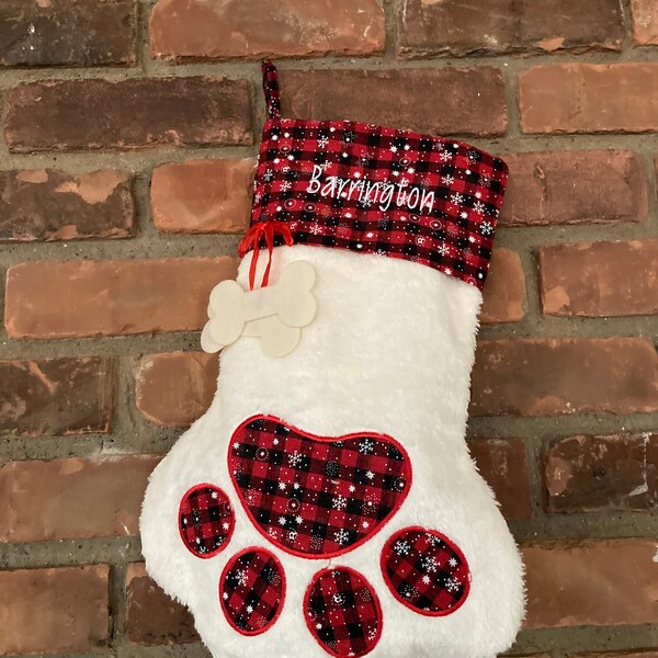 Personalize Dog Stocking, Pet Stocking, Plaid Dog Stocking, Dog Paw ...