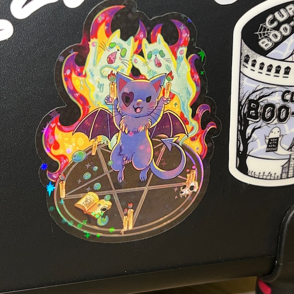 Summoning Demons Witch Cat Holographic Sparkle Vinyl Sticker - Etsy UK
