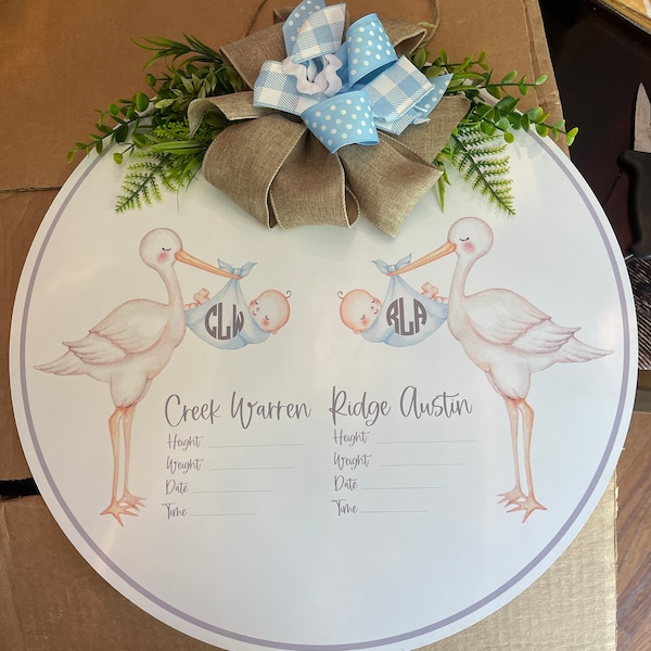 Twin Baby Birth Announcement - Hospital Door Hanger - Stork Door Hanger ...