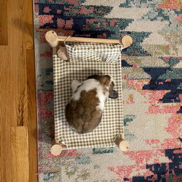 Rabbit Bunny Pet Bed, Wooden Bed With Pillow and Bedsheet Set, Multi ...