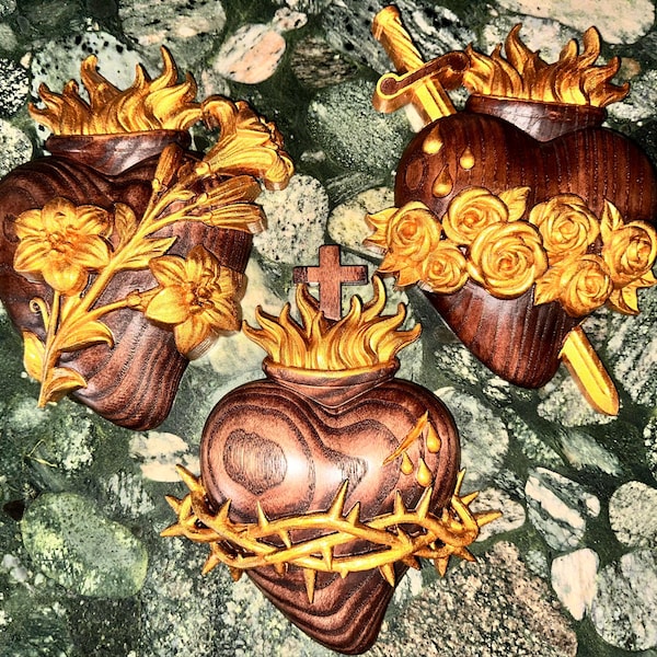 Wooden Three Sacred Hearts of the Holy Family 4 Colors Wall Hanging Art ...
