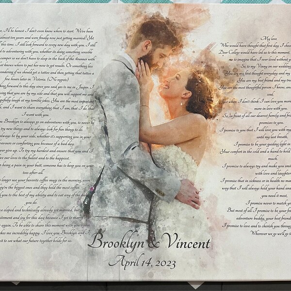 Watercolor Couple Portrait and Vows Framed Canvas Art, Custom Wedding ...
