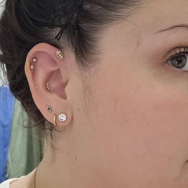 14K Solid Gold Fishbone Tragus Piercing /handmade Flat Back Helix ...