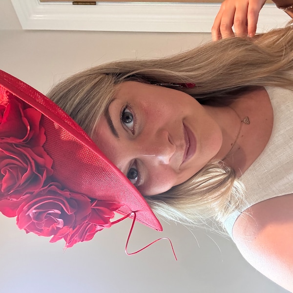 Large Red Rose Flower Feather Teardrop Fascinator Hat Headband Races ...
