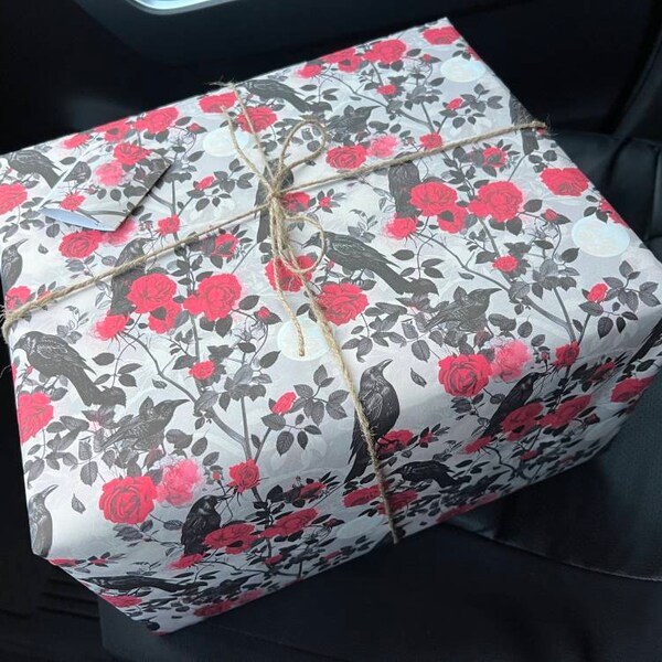 Gothic Black Bird Wrapping Paper, Crows & Roses Gift Wrap, Goth ...