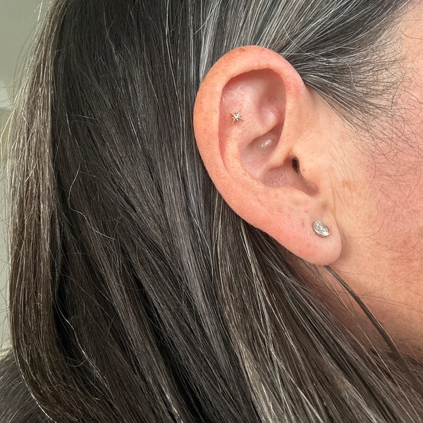 14k Solid Gold Starburst Stud Earring Tiny Star Cartilage Earring ...