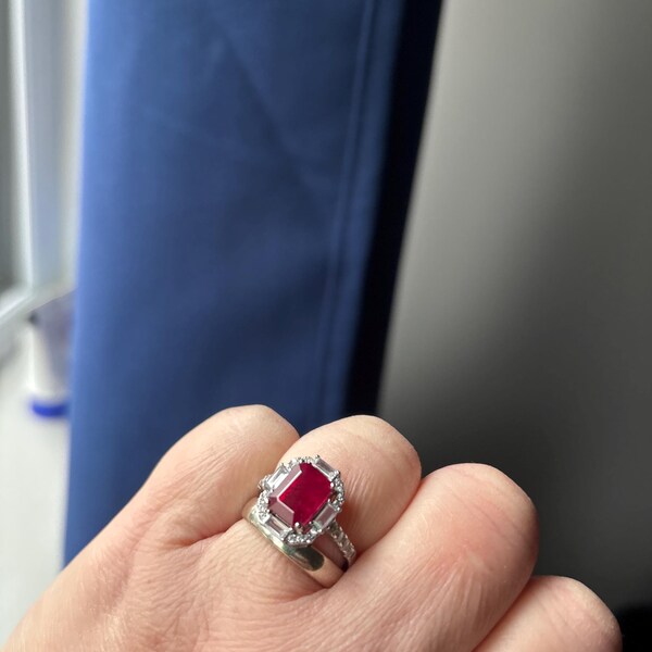 Genuine Ruby Emerald Cut Halo Octagon Silver Ring - Etsy
