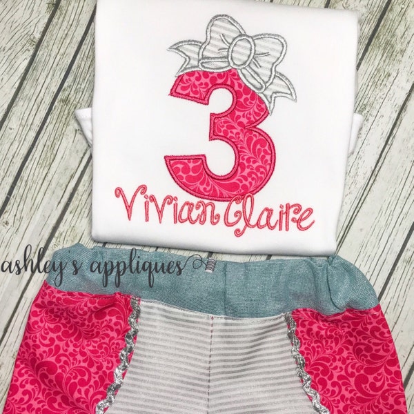 Bow Number 3 Three Third Birthday Applique Digital Machine Embroidery ...