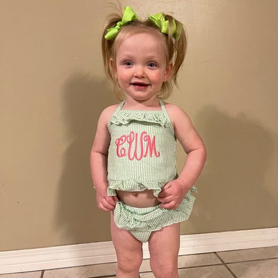 Girls Monogrammed Swimsuit Seersucker Bikini Ruffled Baby - Etsy