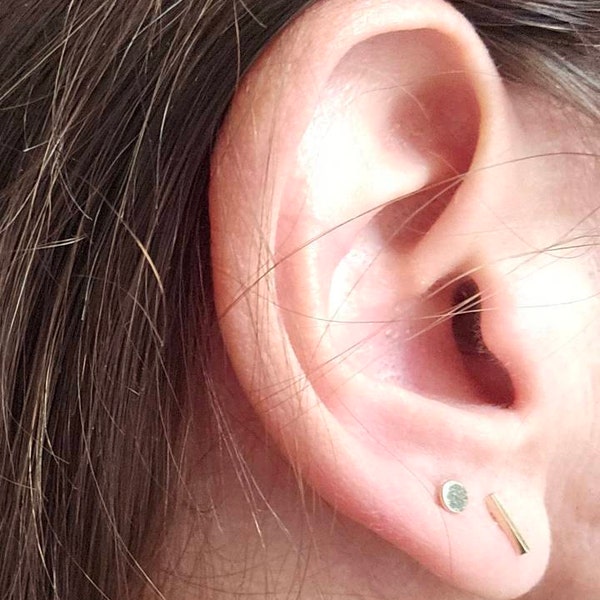 14K Gold Bar Earrings, Tiny Sterling Silver Line Studs - Etsy