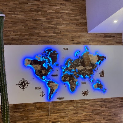 RGB LED 3D Wooden World Map, 3D LED Wooden Map of the World, Boss Anniversary Gift, Neon Map ...