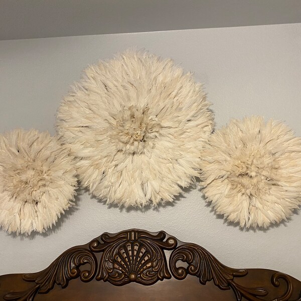 White Juju Hat Wall Décor Set, Boho Wall Decor, Ivory Juju Hat Feather ...