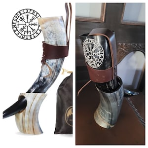 Viking Drinking Horn Compass Engraved Leather Holster Unique 100% ...