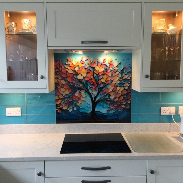 Abstract Tree Kitchen Glass Splashback - Heat Resistant 6mm Toughened Glass Printed Backsplash ...