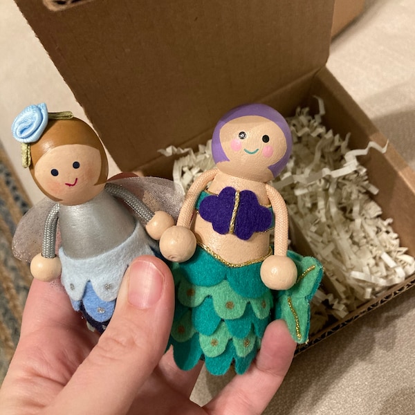 Mermaid, Wooden Peg Mermaid, Handmade, Wool Felt Mermaid Figure, 3 1/2 ...