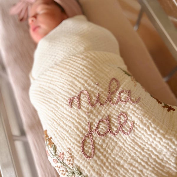 Personalized Hand Embroidered Baby Swaddle Blanket Cotton Muslin - Etsy