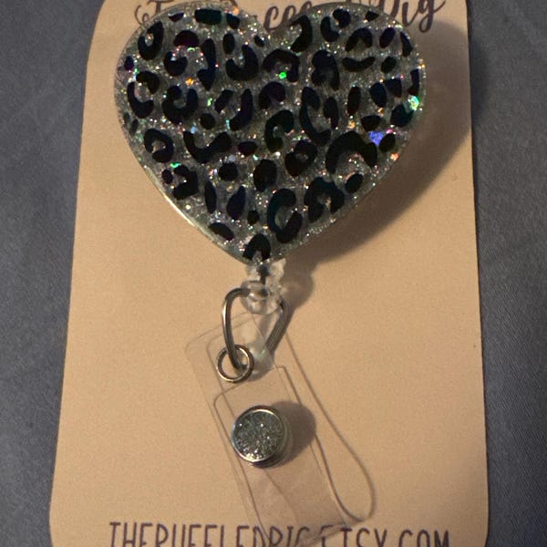Cheetah Print Heart Badge Reel, Silver Badge Clip - Lanyard - Carabiner ...